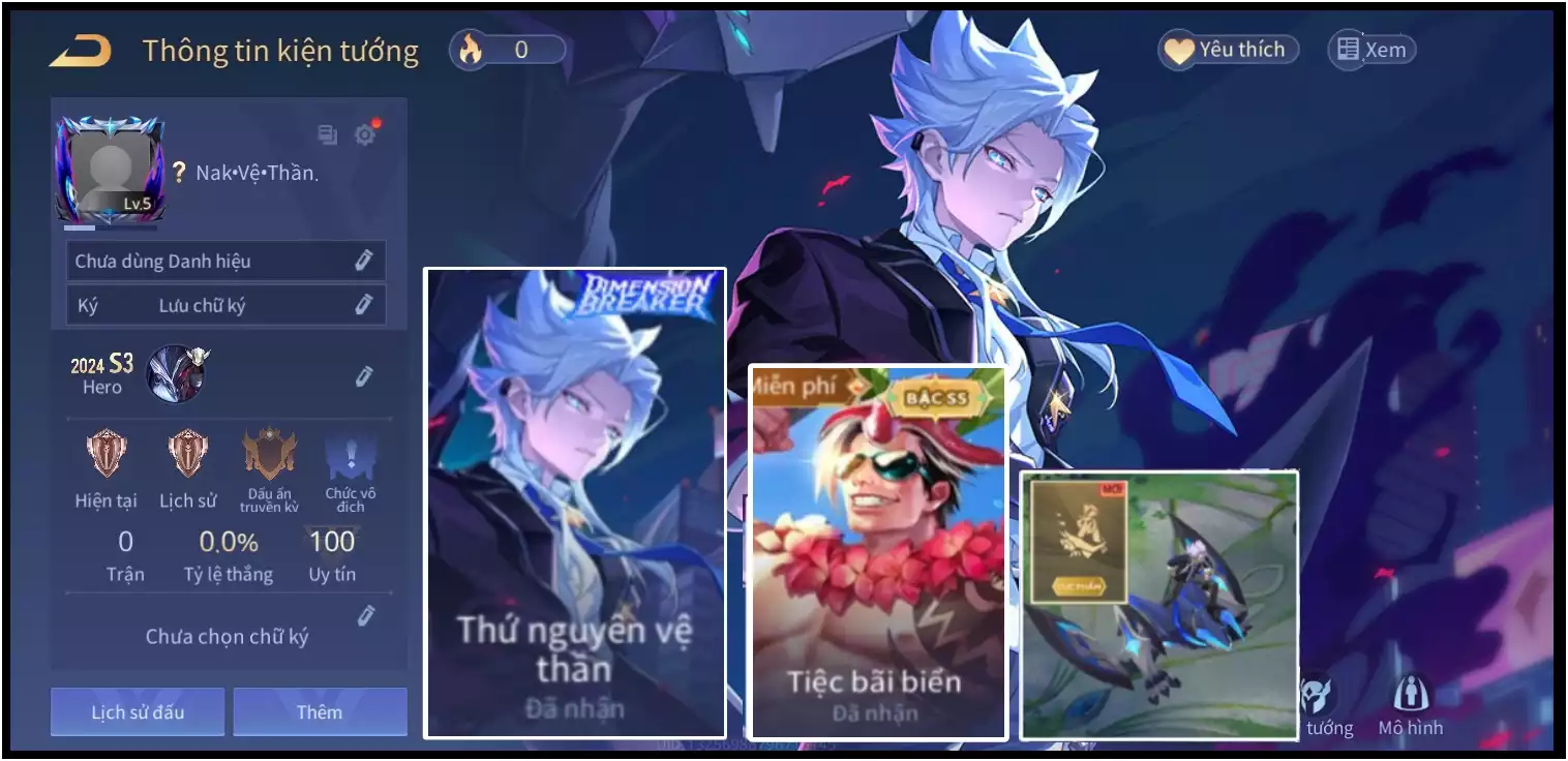 Acc #36445: ACC REG: Nakroth thứ nguyên vệ thần, 2 động tác đặc biệt, Lữ Bố tiệc bãi biển... sẵn ...